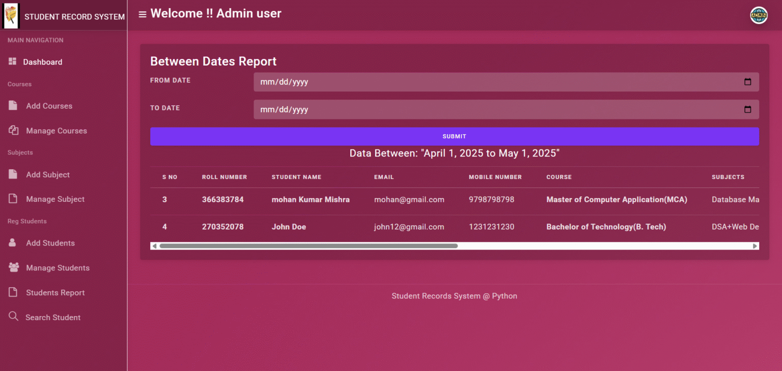 Student Record System Using Python Django Python Django Projects
